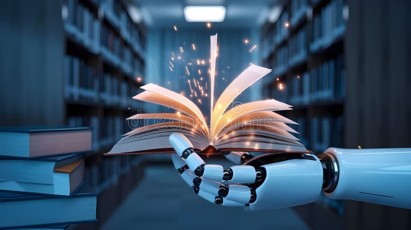 Robot Hand Holding Open Book with Glowing Pages in Library Stock ...