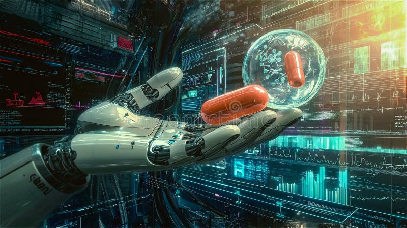 Robot Hand Holding an Orange Capsule. Generative AI Stock Illustration ...