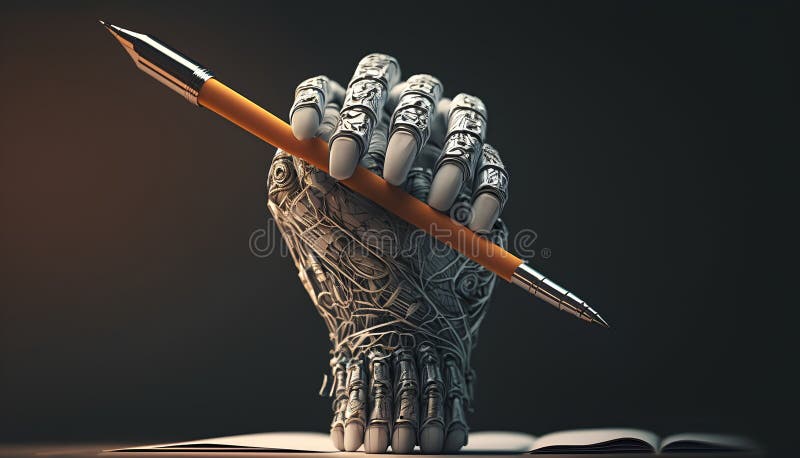 Robot Hand Holding a Pen and a Book. 3d Rendering Stock Illustration ...