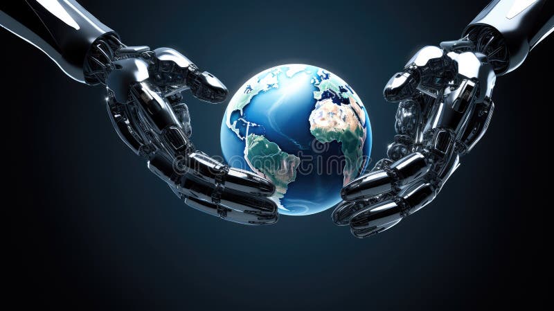Robot Hand Holding Planet Earth, Planet Safe Concept Stock Illustration ...