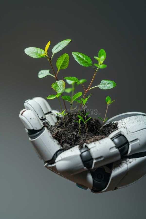 Robot Hand Holding Plants Symbolizing AI and Green Tech Innovation ...