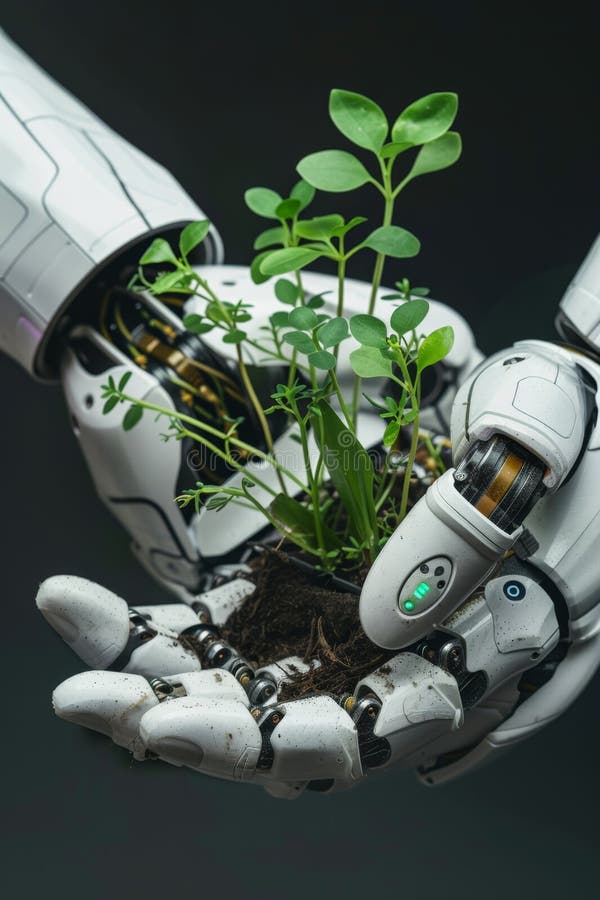Robot Hand Holding Small Plants Symbolizing AI in Promoting Ecology and ...