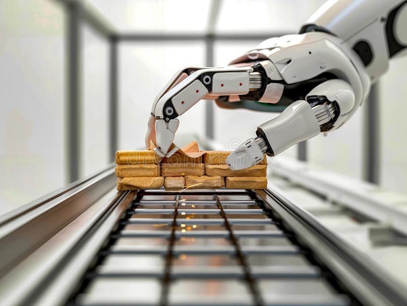 A Robot Hand Holding a Stack of Bricks on a Conveyor Belt Stock Photo ...