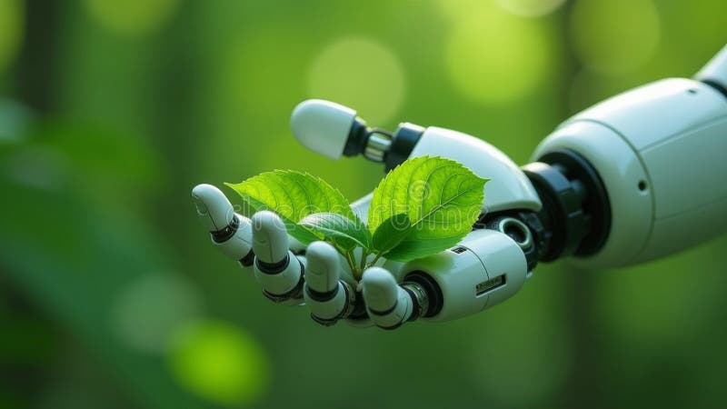 Robot hand holds leaves stock illustration. Illustration of leaf ...
