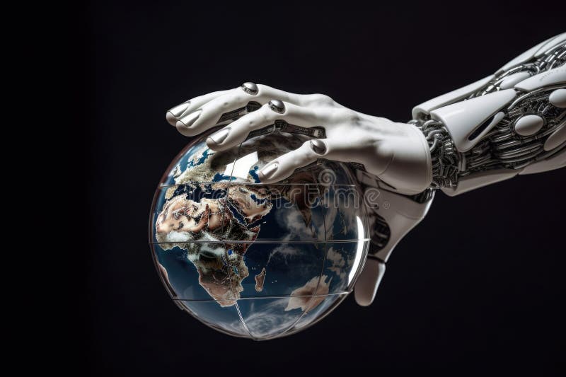 Robot Hand Holds Planet Globe. Generative AI Stock Illustration ...