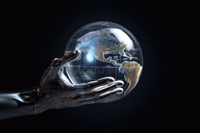Robot Hand Holds Planet Globe. Generative AI Stock Illustration ...