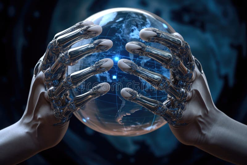 Robot Hand Holds Planet Globe. Generative AI Stock Illustration ...