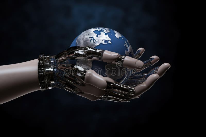 Robot Hand Holds Planet Globe. Generative AI Stock Illustration ...