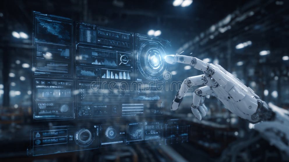 Robot Hand Hovering Above Touchless Control Panel Managing Assembly ...