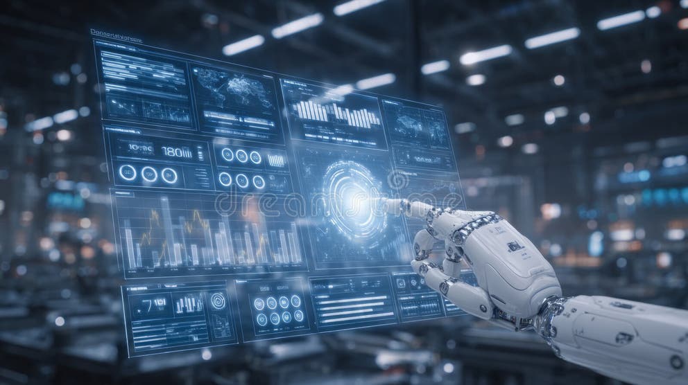 Robot Hand Hovering Above Touchless Control Panel Managing Assembly ...