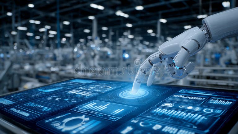 Robot Hand Hovering Above Touchless Control Panel Managing Assembly ...