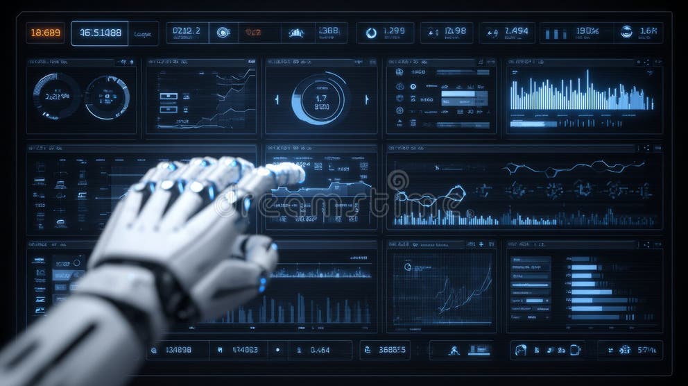 Robot Hand Hovering Above Touchless Control Panel Managing Assembly ...