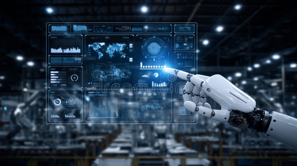 Robot Hand Hovering Above Touchless Control Panel Managing Assembly ...