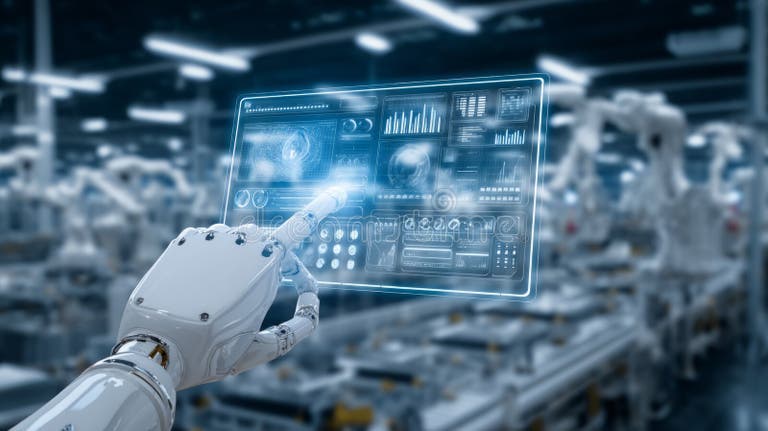 Robot Hand Hovering Above Touchless Control Panel Managing Assembly ...