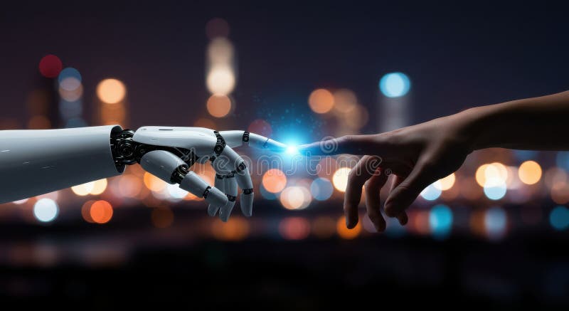 Robot Hand and Human Finger Touching, City Lights in Background Stock ...