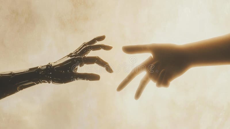 The Robot Hand and Human Hand Extend Towards One Another, Symbolizing ...