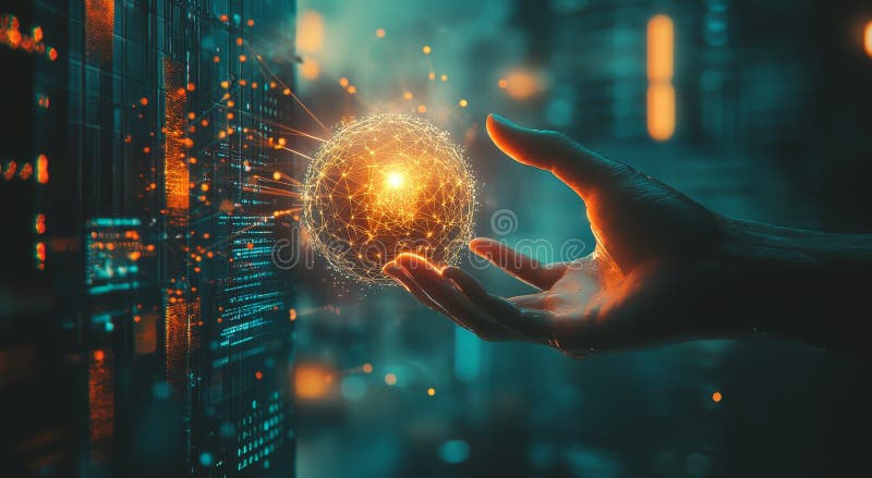 Robot Hand and Human Hand Touching a Digital Sphere Network in a Dark ...