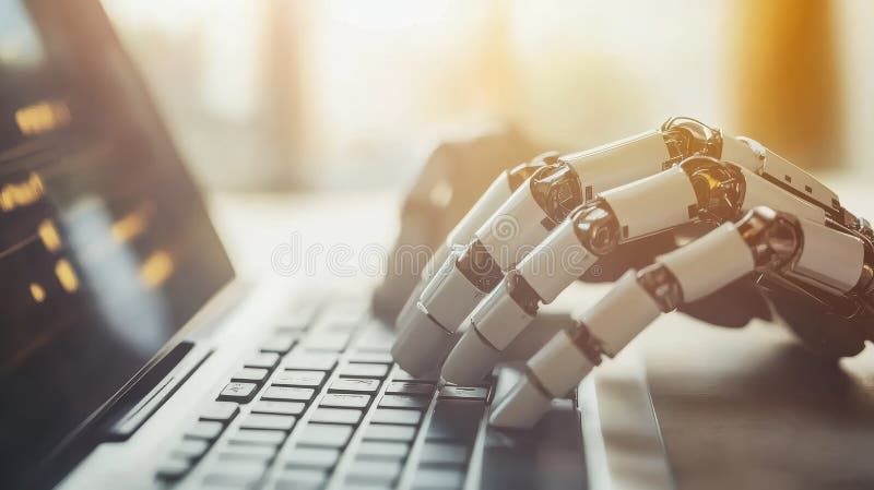 Robot Hand and Human Hand Typing and Working on Keyboard, Collaboration ...