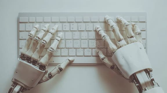 Robot Hand and Human Hand Typing and Working on Keyboard, Collaboration ...