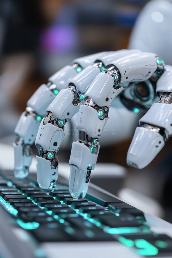 Robot Hand with Illuminated Fingers Typing on a Backlit Keyboard ...