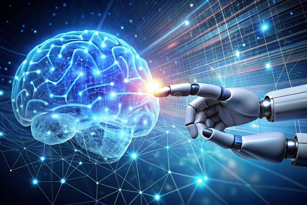 Robot Hand Interacting With Binary Data Ai And Machine Learning In Action Stock Illustration