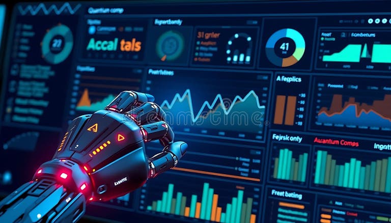 Robot Hand Interacting with Data Charts and Graphs on a Screen Stock ...