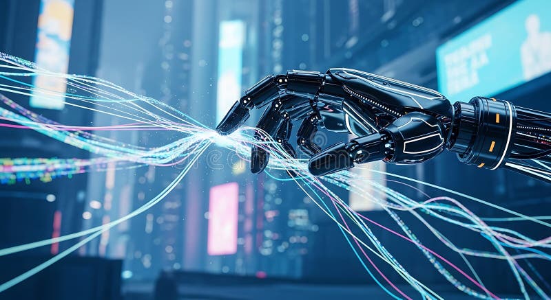 AI Robotic Hand Interacting with Data Streams Stock Photo - Image of ...
