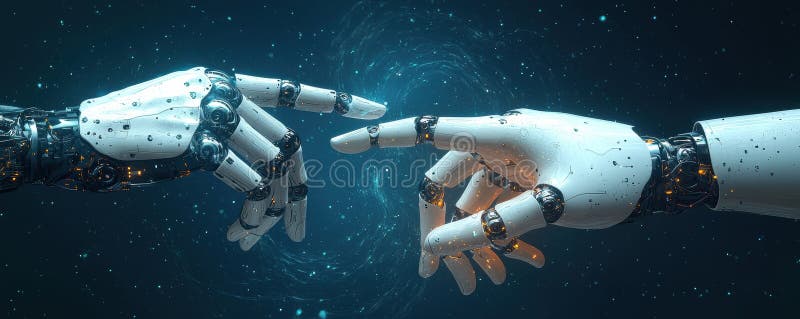 Robot Hand Interacting with an Ethereal Galactic Energy in Space Stock ...