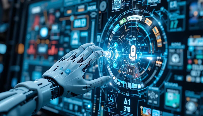 Robot Hand Interacting with Futuristic Touchscreen Display Technology ...