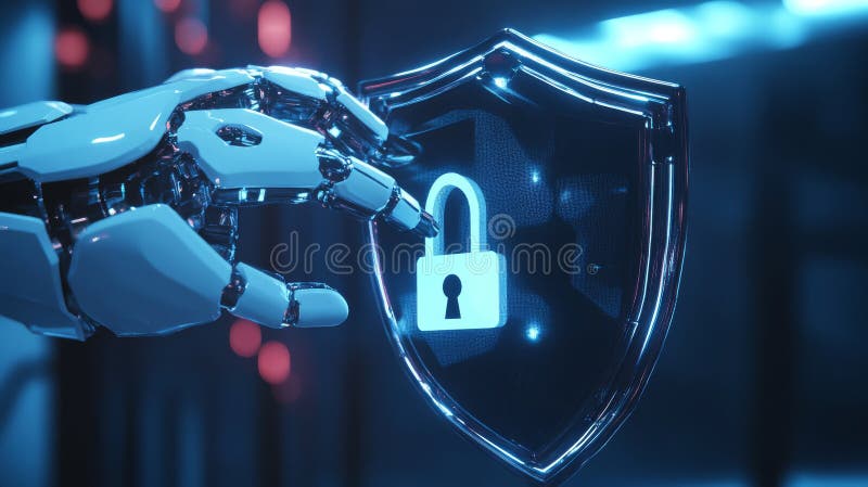 Robot Hand Interacting with a Shield and Padlock Icon Stock Image ...
