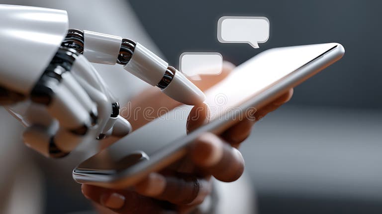 Robot Hand Interacting with Smartphone Chat Interface Technology and Future Ai Communications ...