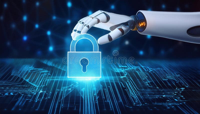 Robot Hand Interacts with a Digital Lock, Symbolizing Cybersecurity and ...