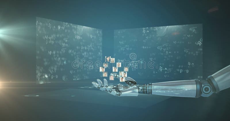 Robot Hand Interacts with Floating Screens Showcasing Math Equations ...