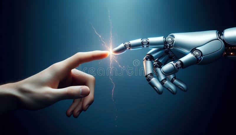 Robot Hand Making Contact with Human Hand. Concept of Harmonious ...