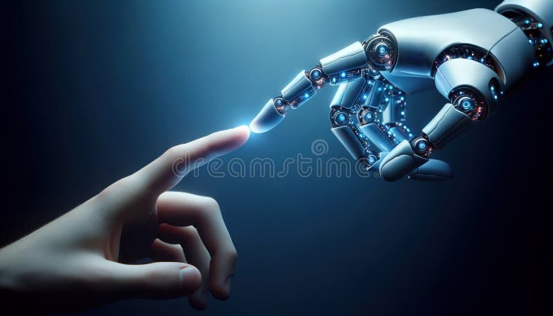 Robot Hand Making Contact with Human Hand. Concept of Harmonious ...