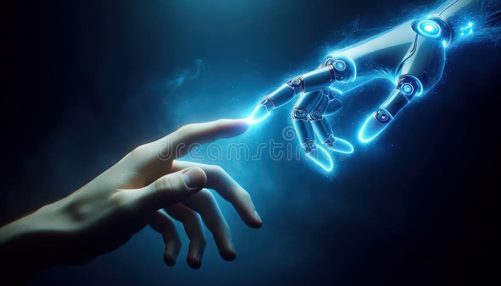 Robot Hand Making Contact with Human Hand. Concept of Harmonious ...
