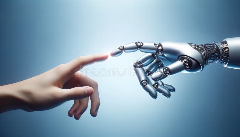 Robot Hand Making Contact with Human Hand. Concept of Harmonious ...