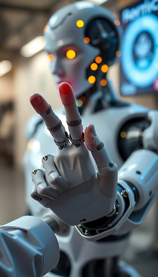 Robot Hand Making Peace Sign with Rings Futuristic Artificial ...