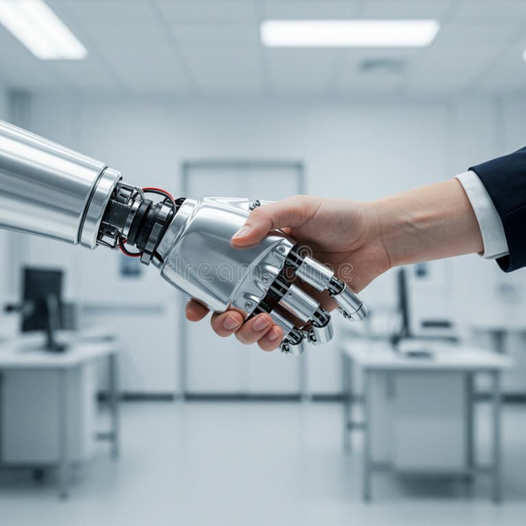 A Robot Hand with a Metallic, Mechanical Structure is Shaking Hands ...