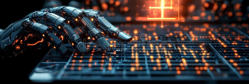 Robot Hand Navigates Futuristic Keyboard, Symbolizing Artificial ...