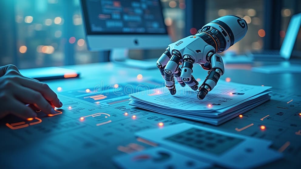 Robot Hand Over Documents with Human Hand and Computer on Desk Stock ...