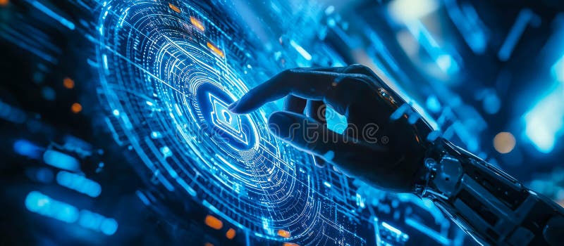 A Robot Hand Points Towards a Holographic Display Showcasing Cyber ...