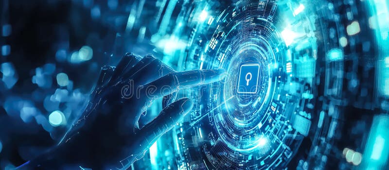 A Robot Hand Points Towards a Holographic Display Showcasing Cyber ...