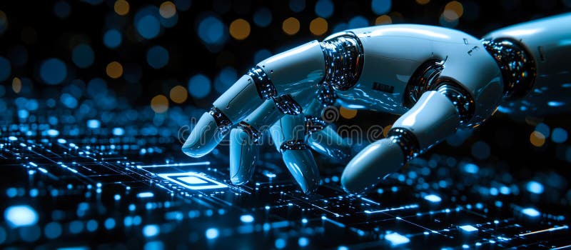 A Robot Hand Points Towards a Holographic Display Showcasing Cyber ...