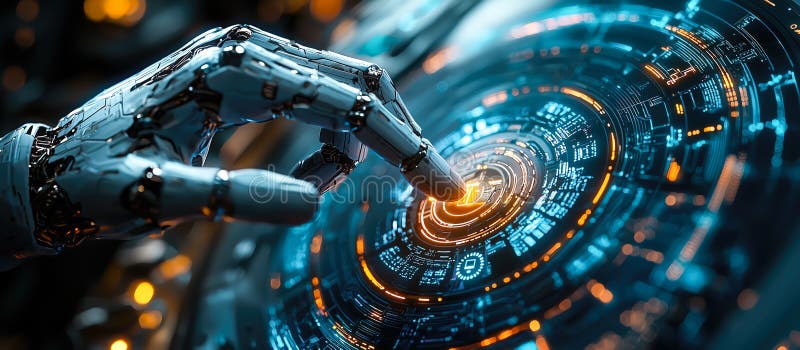 A Robot Hand Points Towards a Holographic Display Showcasing Cyber ...