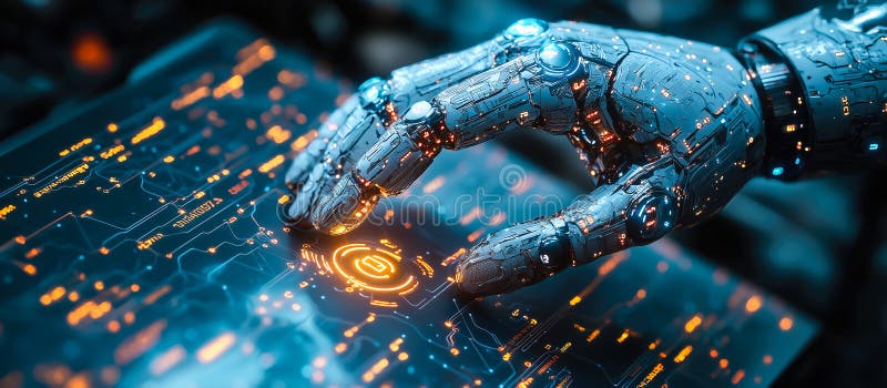 A Robot Hand Points Towards a Holographic Display Showcasing Cyber ...