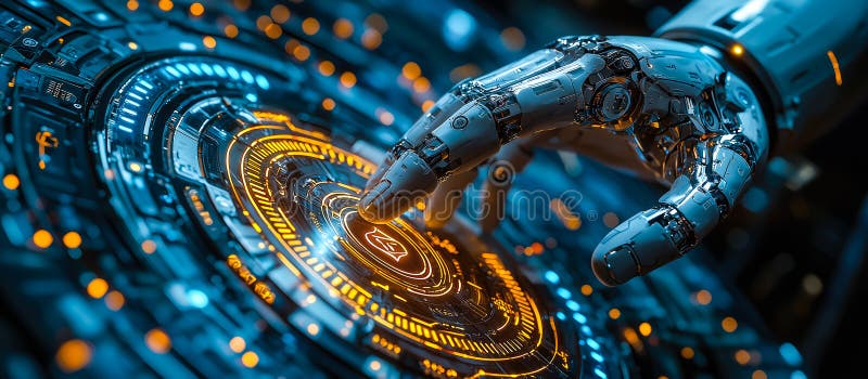 A Robot Hand Points Towards a Holographic Display Showcasing Cyber ...