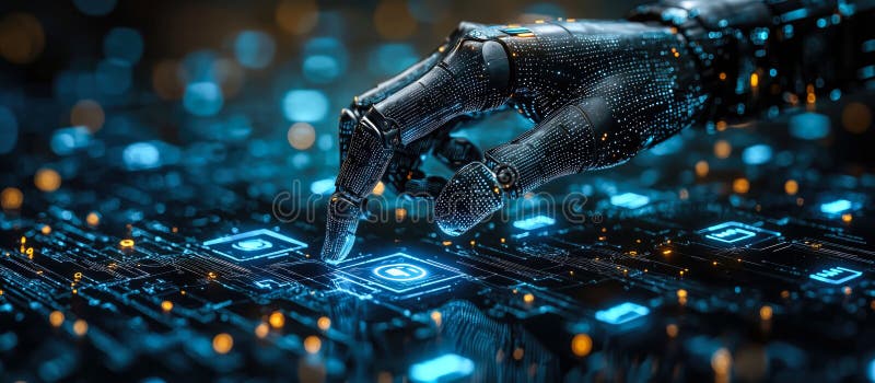 A Robot Hand Points Towards a Holographic Display Showcasing Cyber ...
