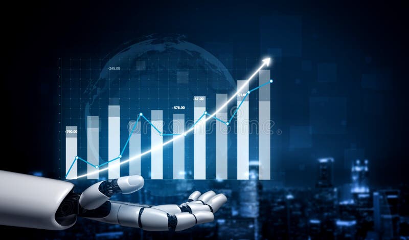 Robot Hand Presenting Digital Financial Graphs with Growing Statistics and Data Visualizations ...