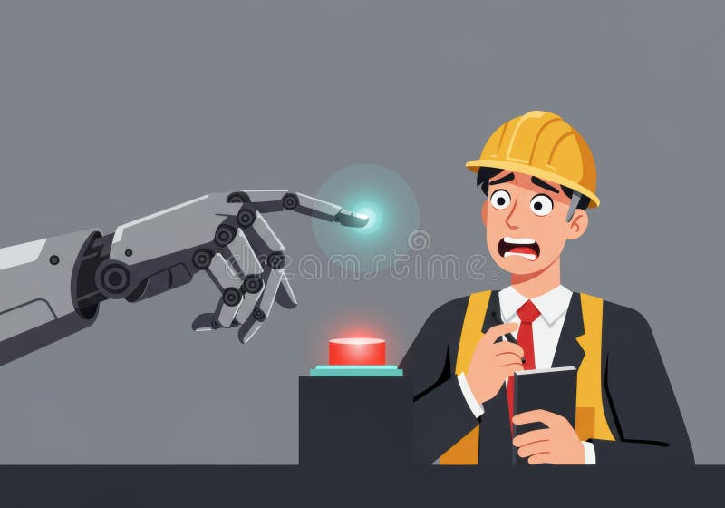 Robot Hand Pressing Button As Engineer Observes with Concern in ...